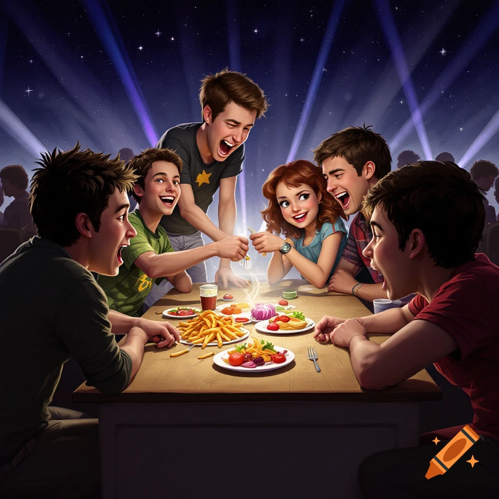 Young people laughing around a table with food and a glowing object ...