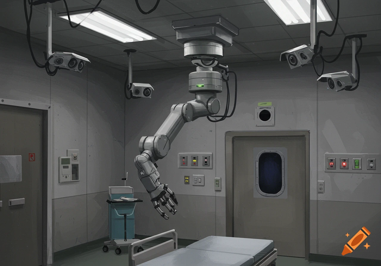 A hospital room with a ceiling-mounted robotic arm, cameras, and a bed ...