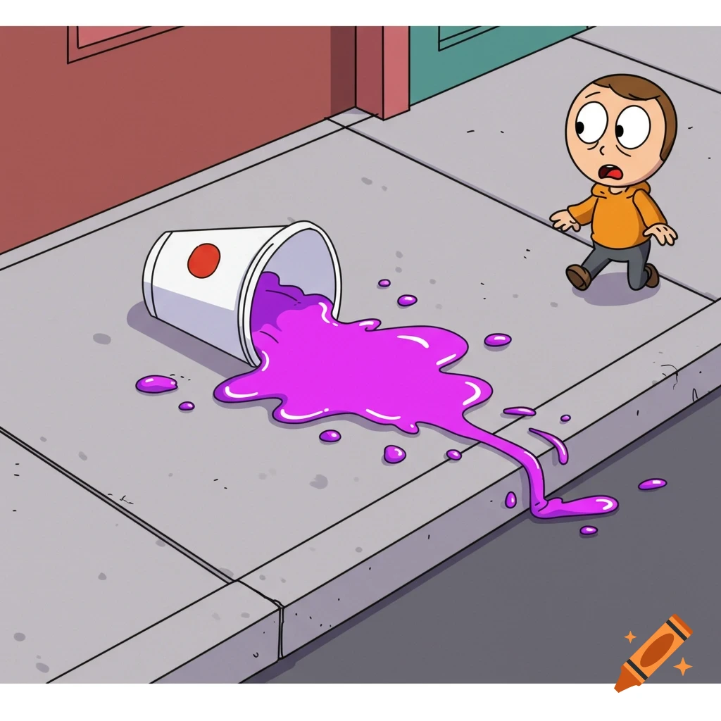 Cartoon character looks surprised at purple liquid spilled from a cup ...