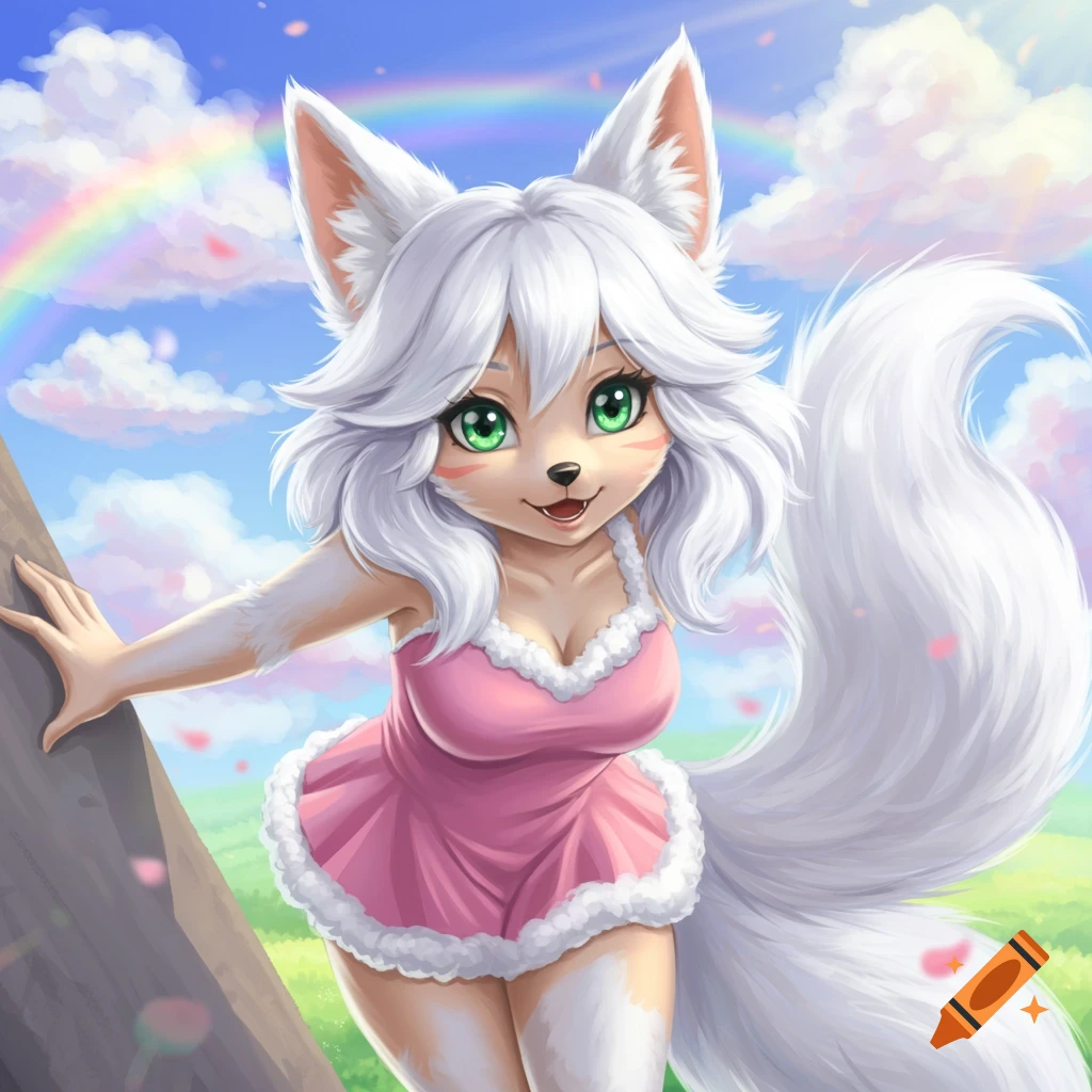 Anthropomorphic fox woman with blue hair and heart eyes on Craiyon