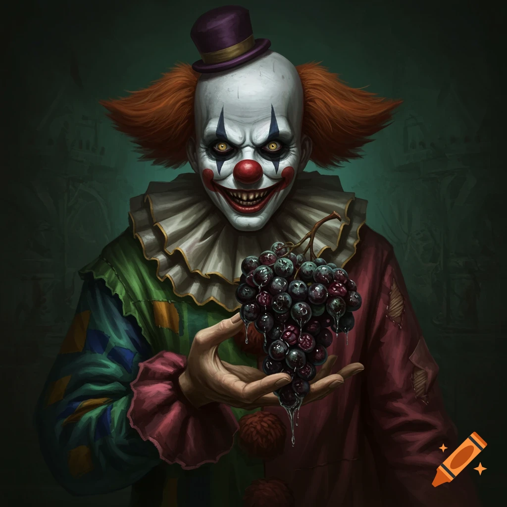 A scary clown with rotten grapes in a dark fantasy style. on Craiyon