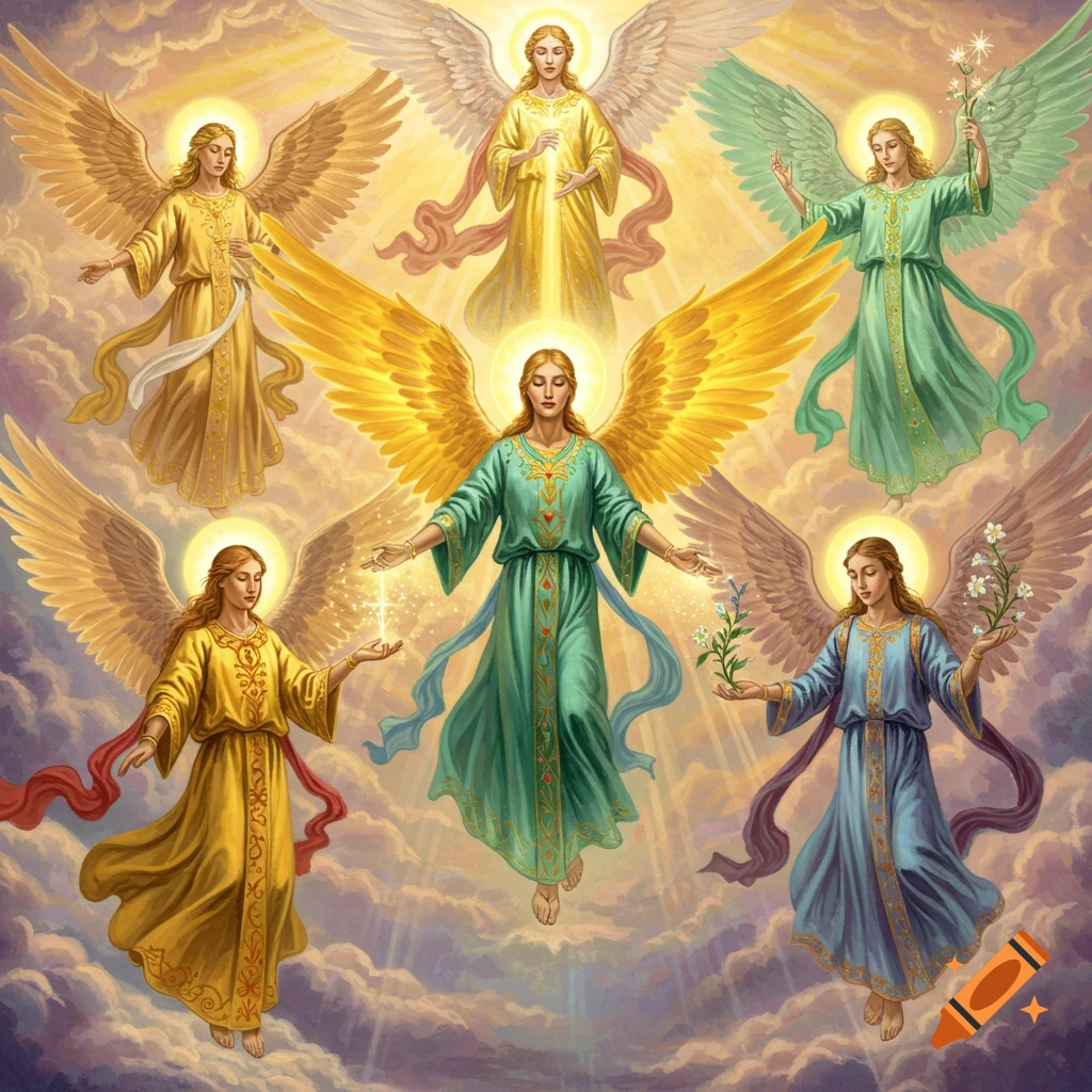 Five strong male healing archangels demonstrating their powers on Craiyon