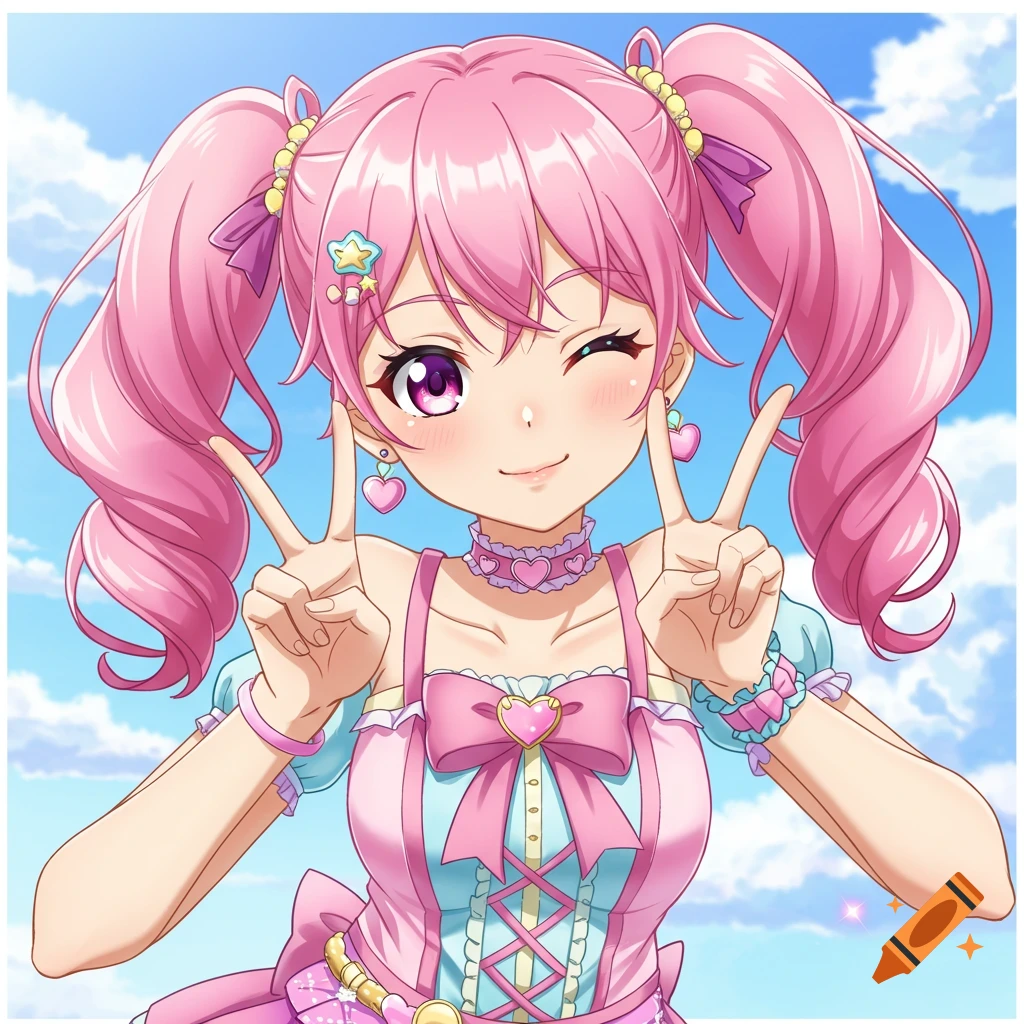 Anime girl winking, making kissy face and peace sign on Craiyon