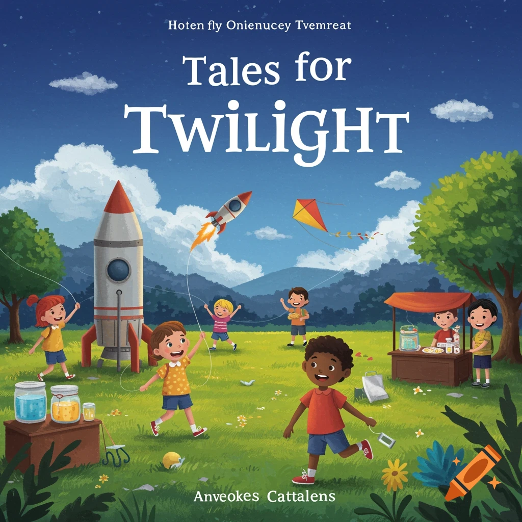 Children playing in park with rockets, kites, and lemonade stand, book ...