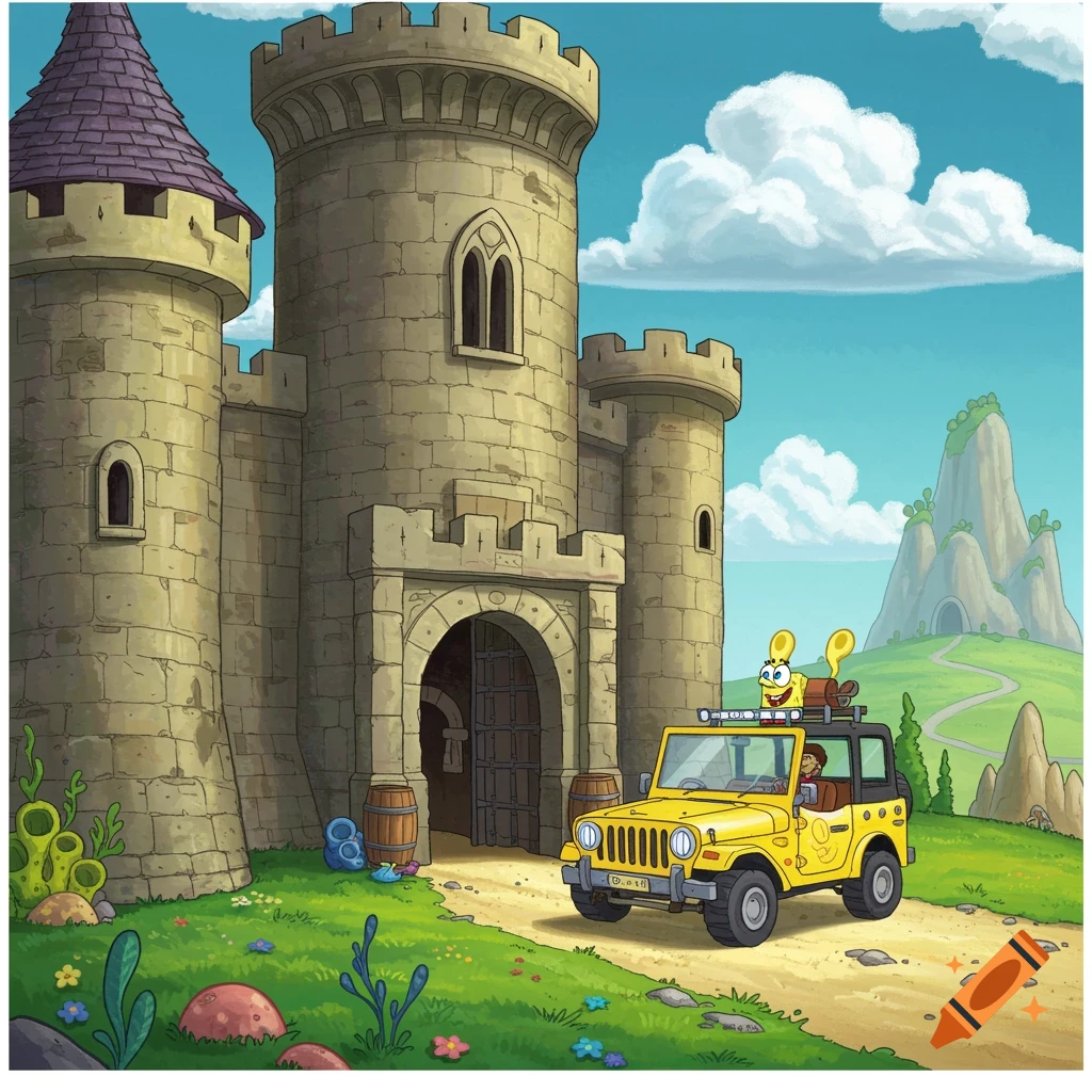 A vibrant cartoon painting of a medieval castle with a yellow jeep and ...