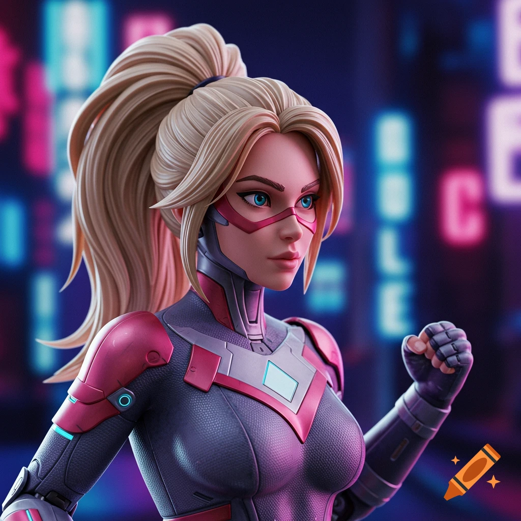 Stylized cartoon woman with red hair in a jacket and shorts stands in a ...