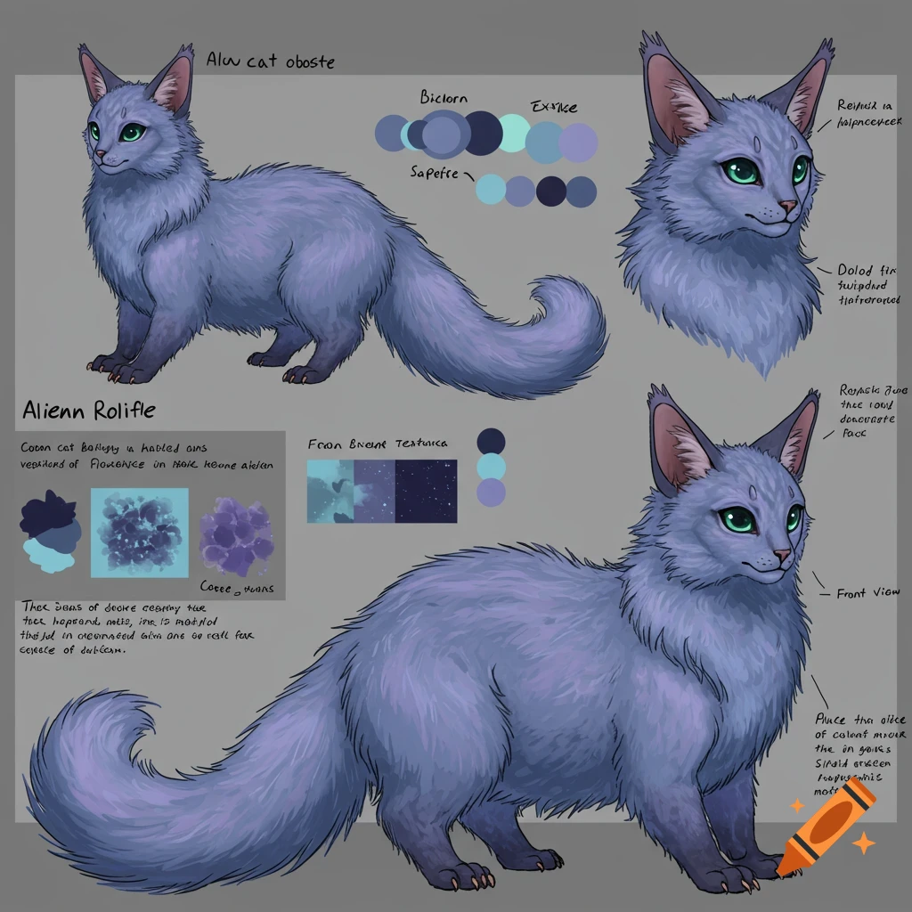 Digital drawing of a purple-grey furry cat character reference sheet ...
