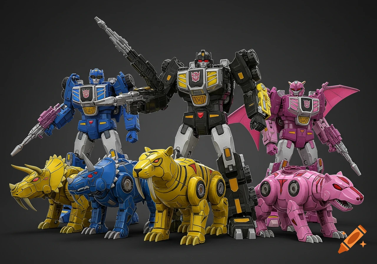 Colorful robot toys resembling transformers and animal vehicles on Craiyon