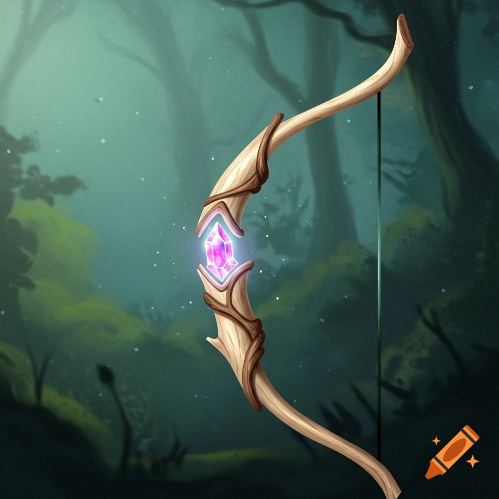 A fantasy wooden bow with a glowing pink crystal in a dark forest. on ...