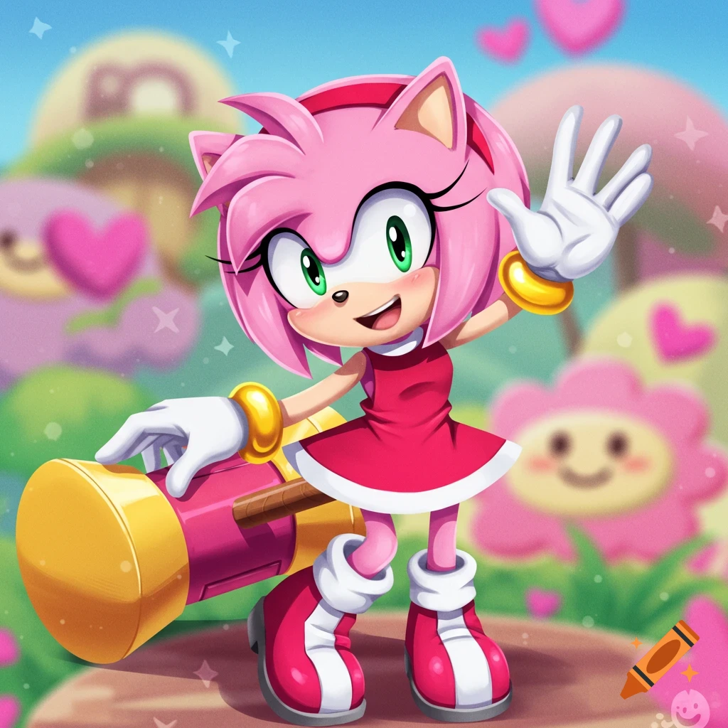 Amy Rose the Hedgehog walks in a grassy field, holding her hammer, in a colorful cartoon style ...