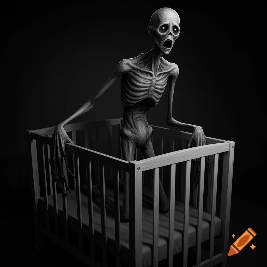 Terrifying humanoid creature in a baby crib, liminal horror, analog ...
