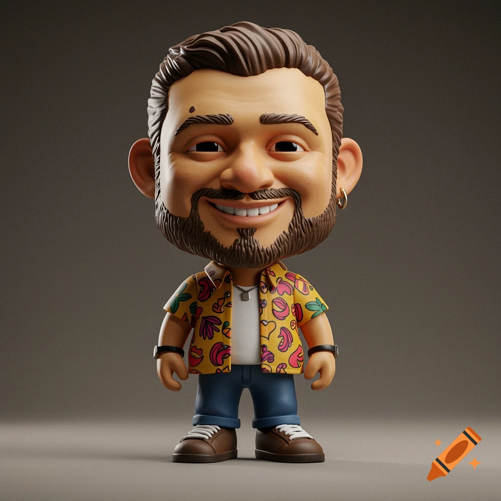 A 3D render of a smiling cartoon figurine of a man wearing a patterned ...