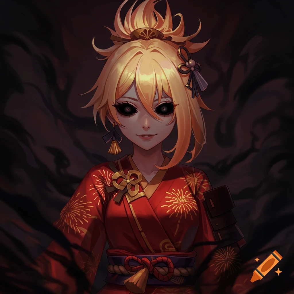 Yoimiya from Genshin Impact with dark eyes in a red kimono. on Craiyon