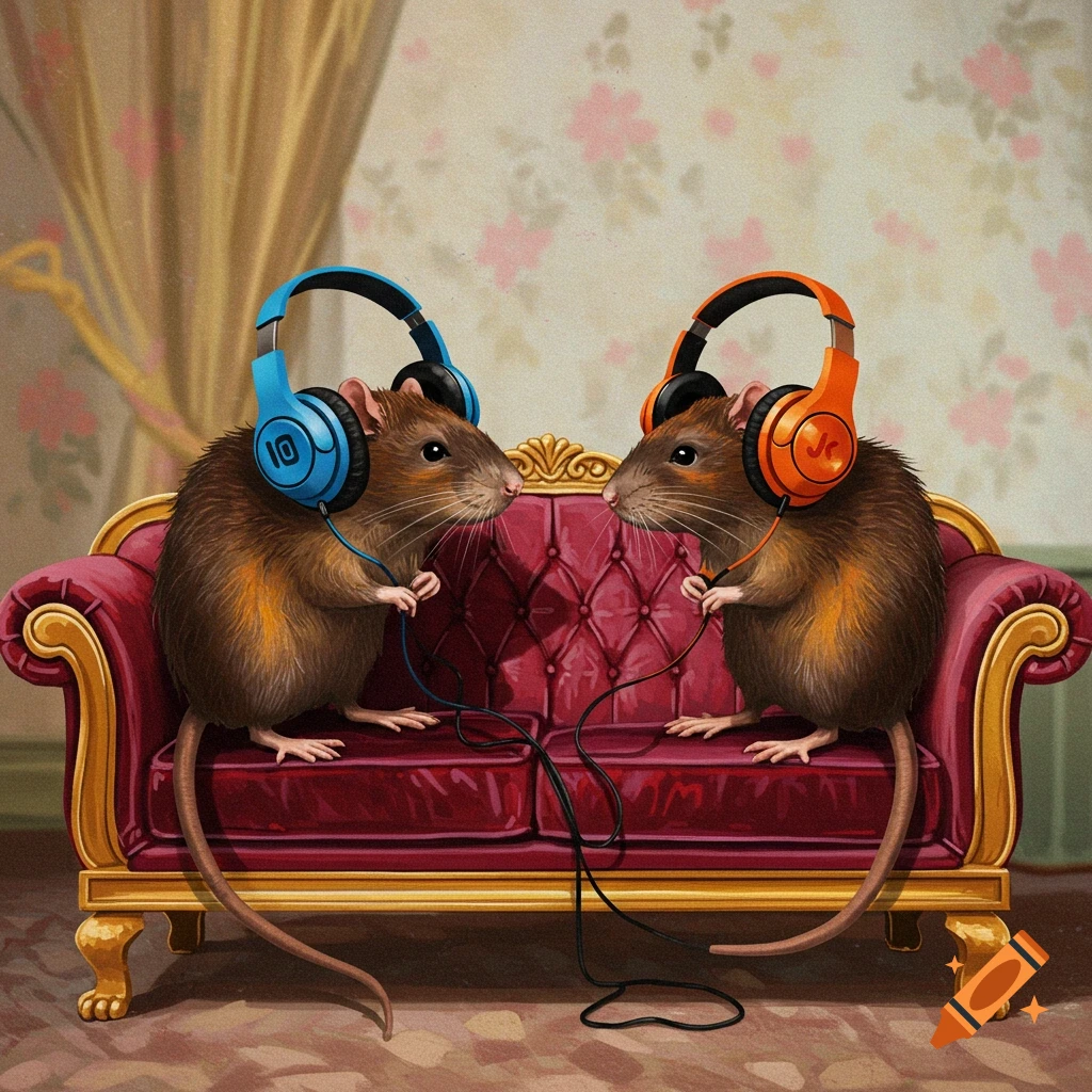 Two rats sitting on a red couch wearing headphones. on Craiyon
