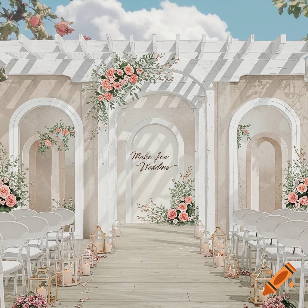 Wedding backdrop with white wooden arches and pergola in a fan beam ...
