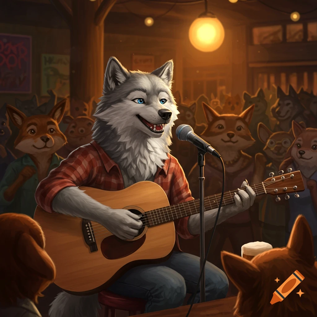 A furry wolf plays an acoustic guitar and sings into a microphone on ...