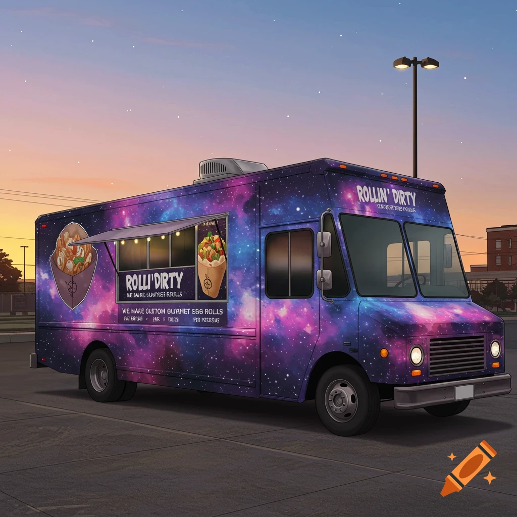 A galaxy-themed food truck called Rollin' Dirty is parked outside at ...