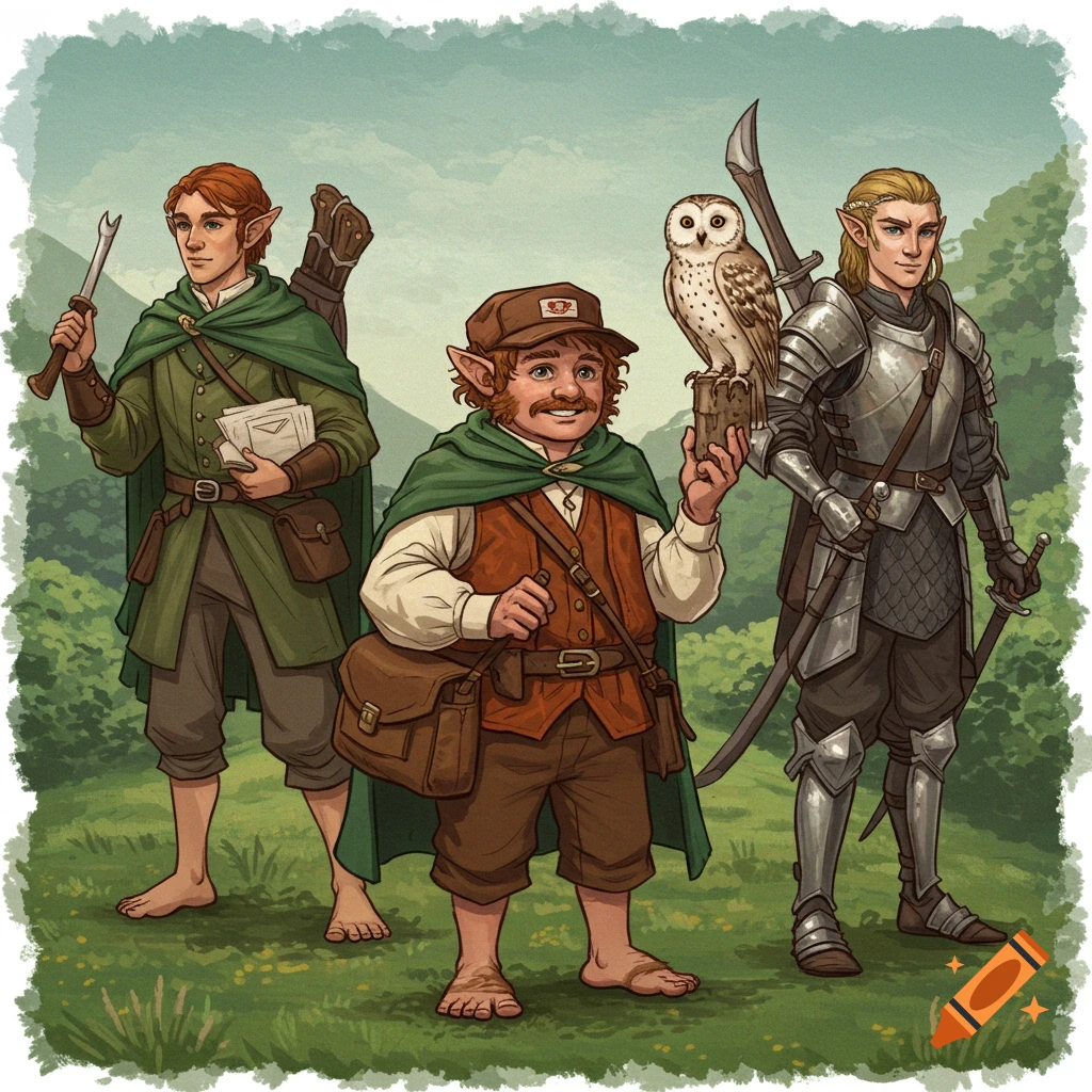 Brandybuck hobbit postman, hobbit nurse with owl, elf, and human armor ...