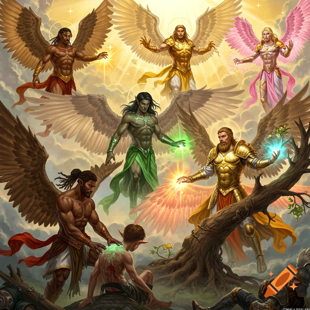 Five strong male healing archangels demonstrating their powers on Craiyon