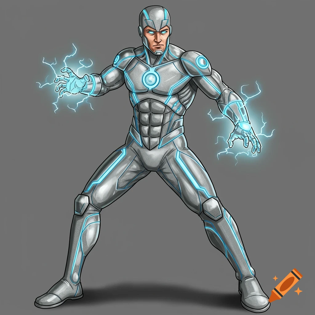 Superhero manipulating energy with hands, silver and electric blue high ...