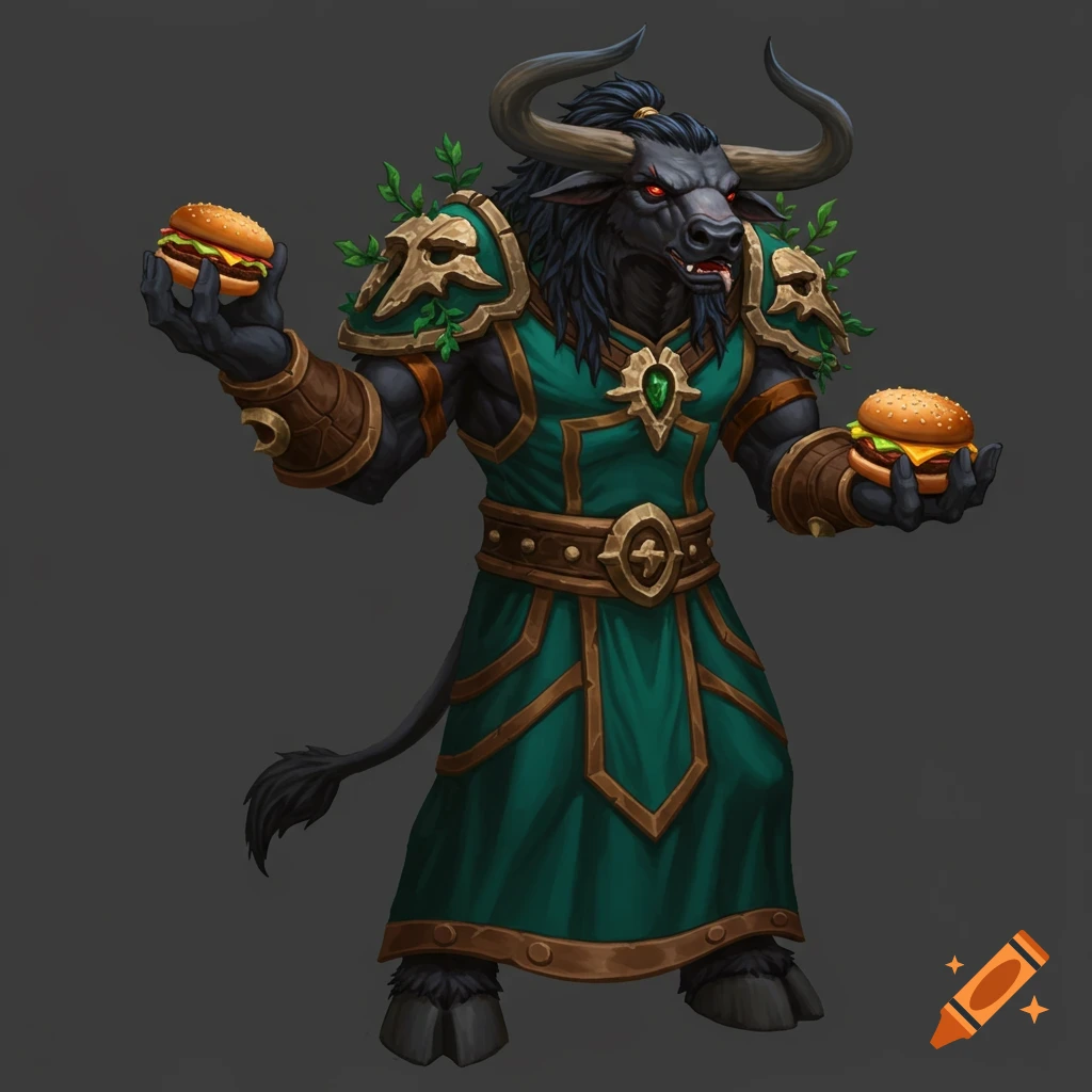 World of Warcraft black bull druid eating a burger on Craiyon