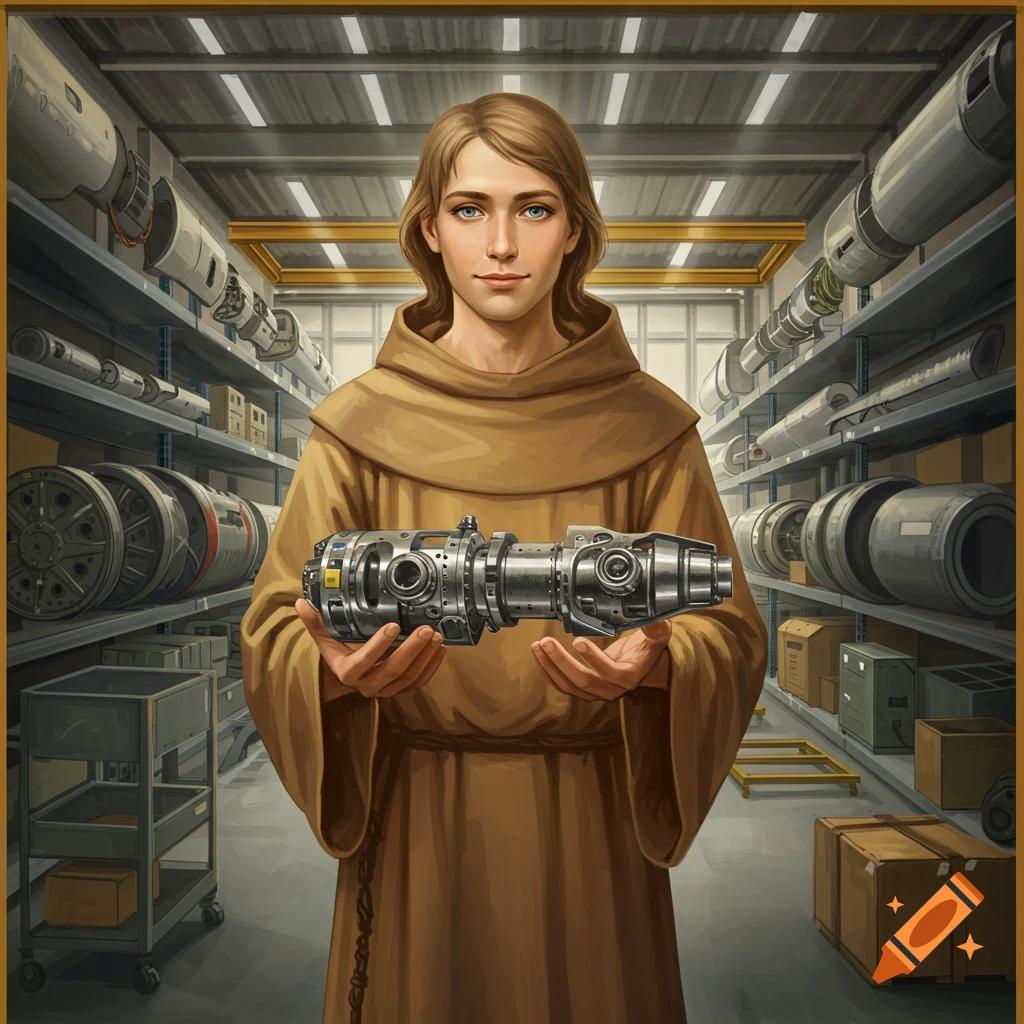 Man resembling a saint holding a replacement part in an aircraft ...