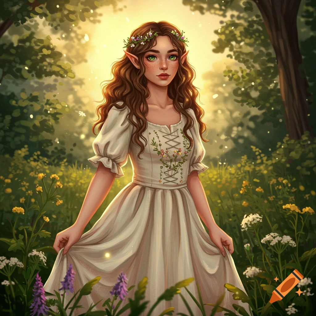 Fantasy fae girl with wavy brown hair and green eyes in cottagecore ...