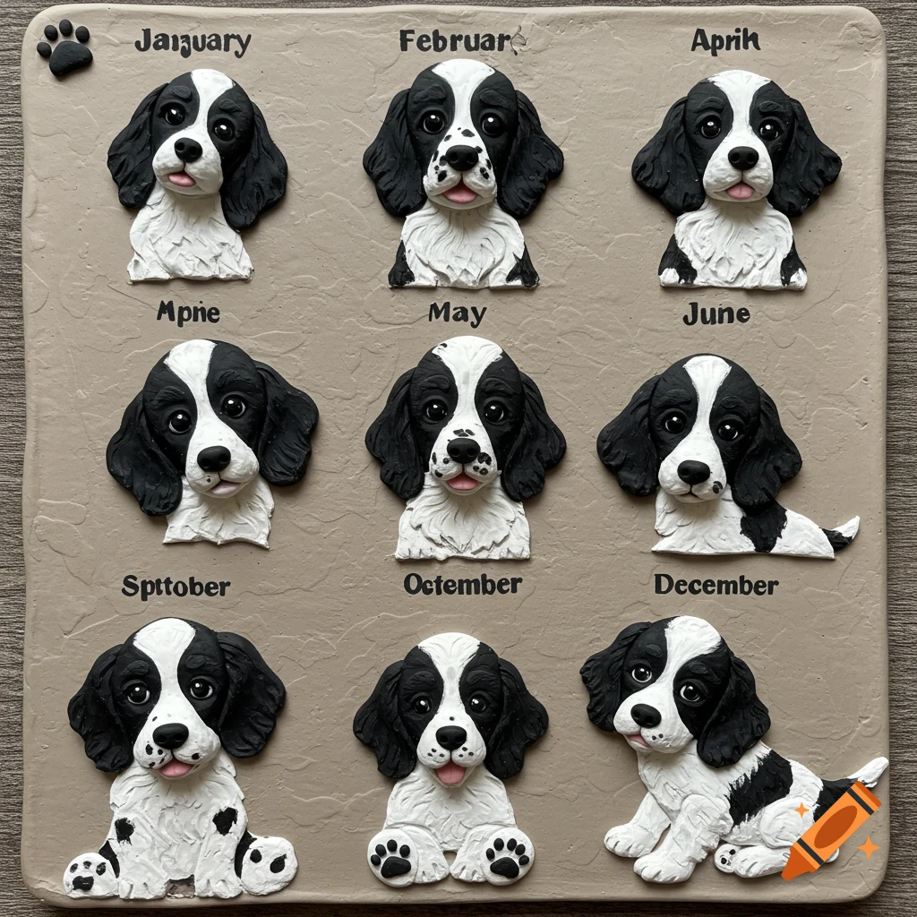 Black and white English Springer Spaniel puppies clay calendar on Craiyon