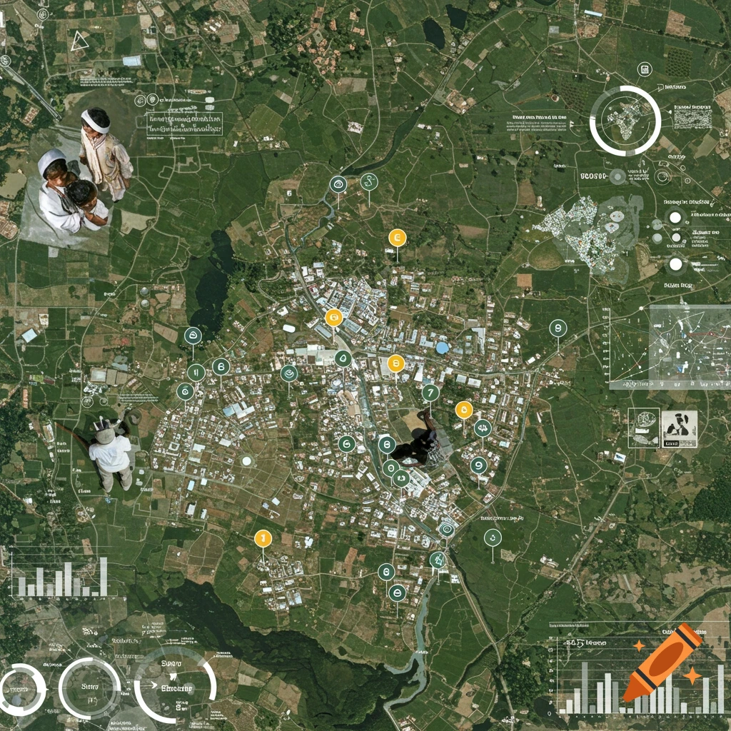 Satellite view of rural villages with digital data overlay on Craiyon