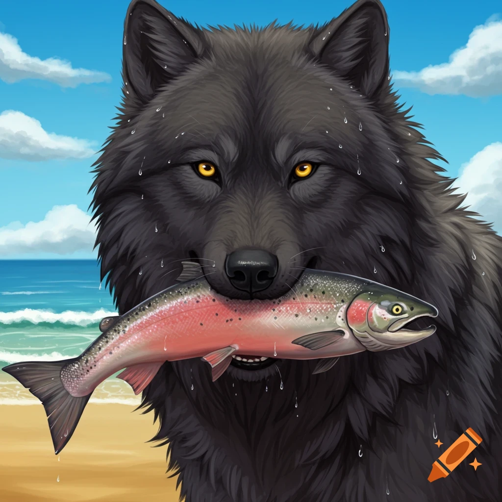 A wet black wolf holds a salmon in its mouth on a beach. on Craiyon
