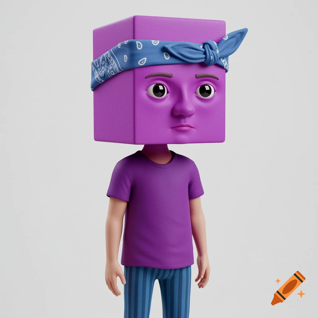 Cartoon boy with box head, blue bandanna, purple shirt, and striped ...