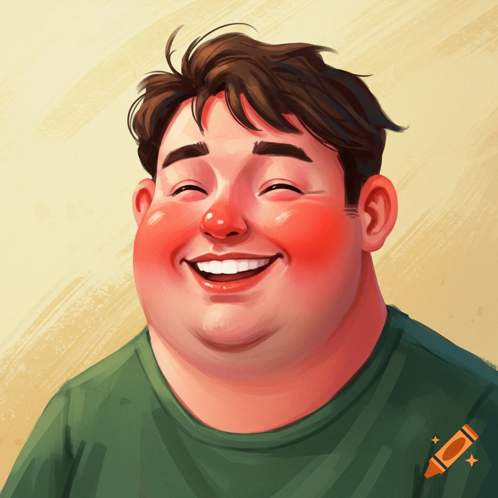 Painting of a smiling, round-faced man with red cheeks. on Craiyon