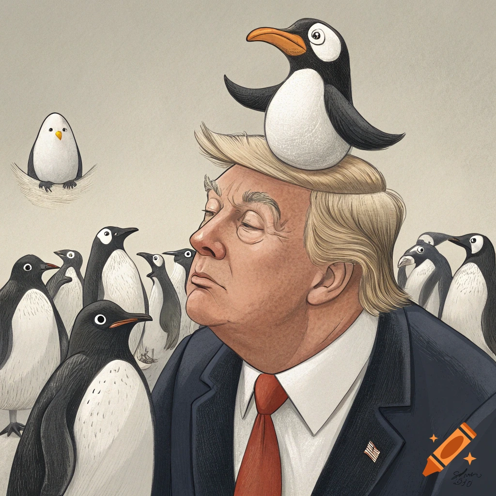 Caricature of Donald Trump with a penguin on his head and other ...