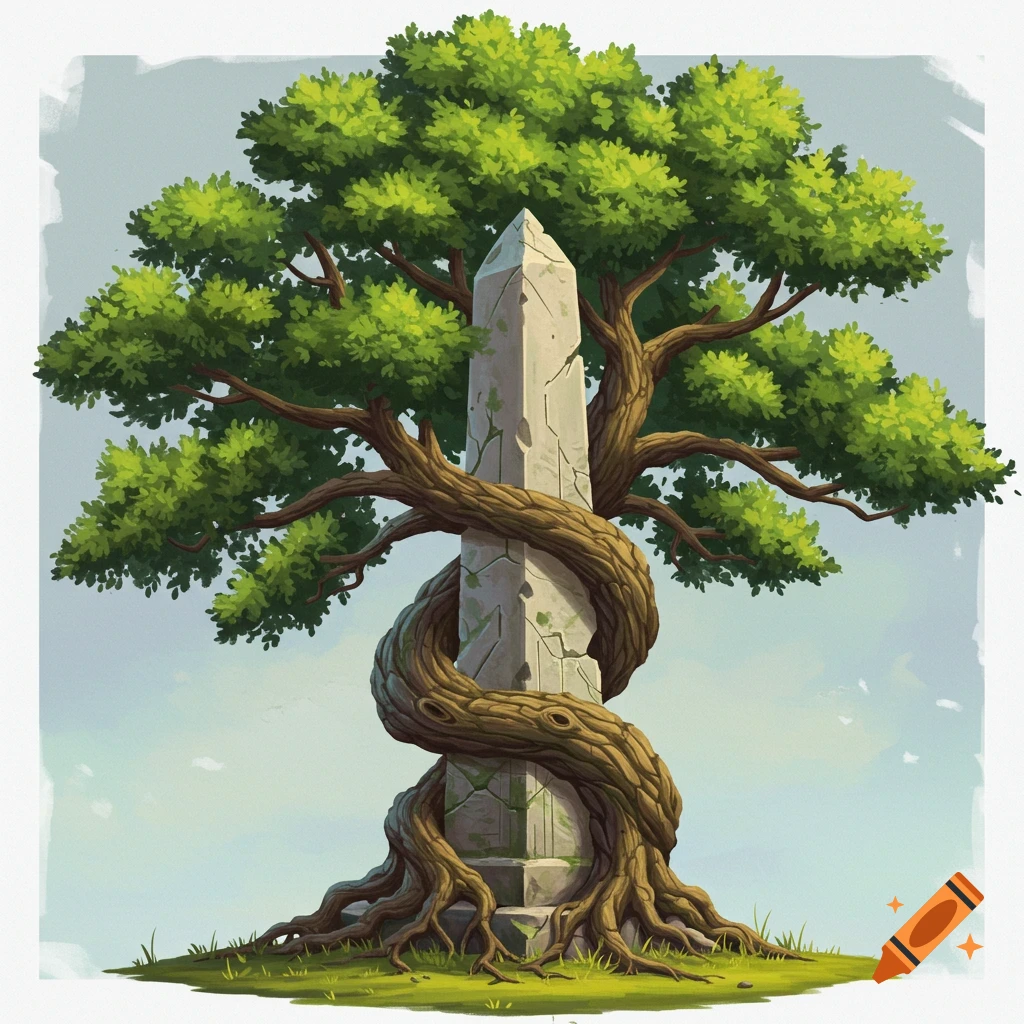 A large oak tree with roots wrapped around an ancient stone obelisk in ...