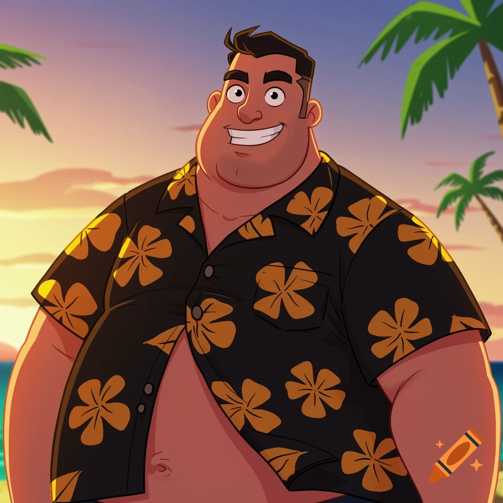 Fat man in Hawaiian shirt, Genndy Tartakovsky art style on Craiyon
