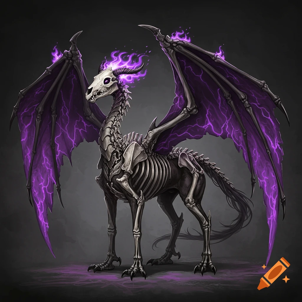 Skeleton dragon-horse hybrid with purple flames on Craiyon