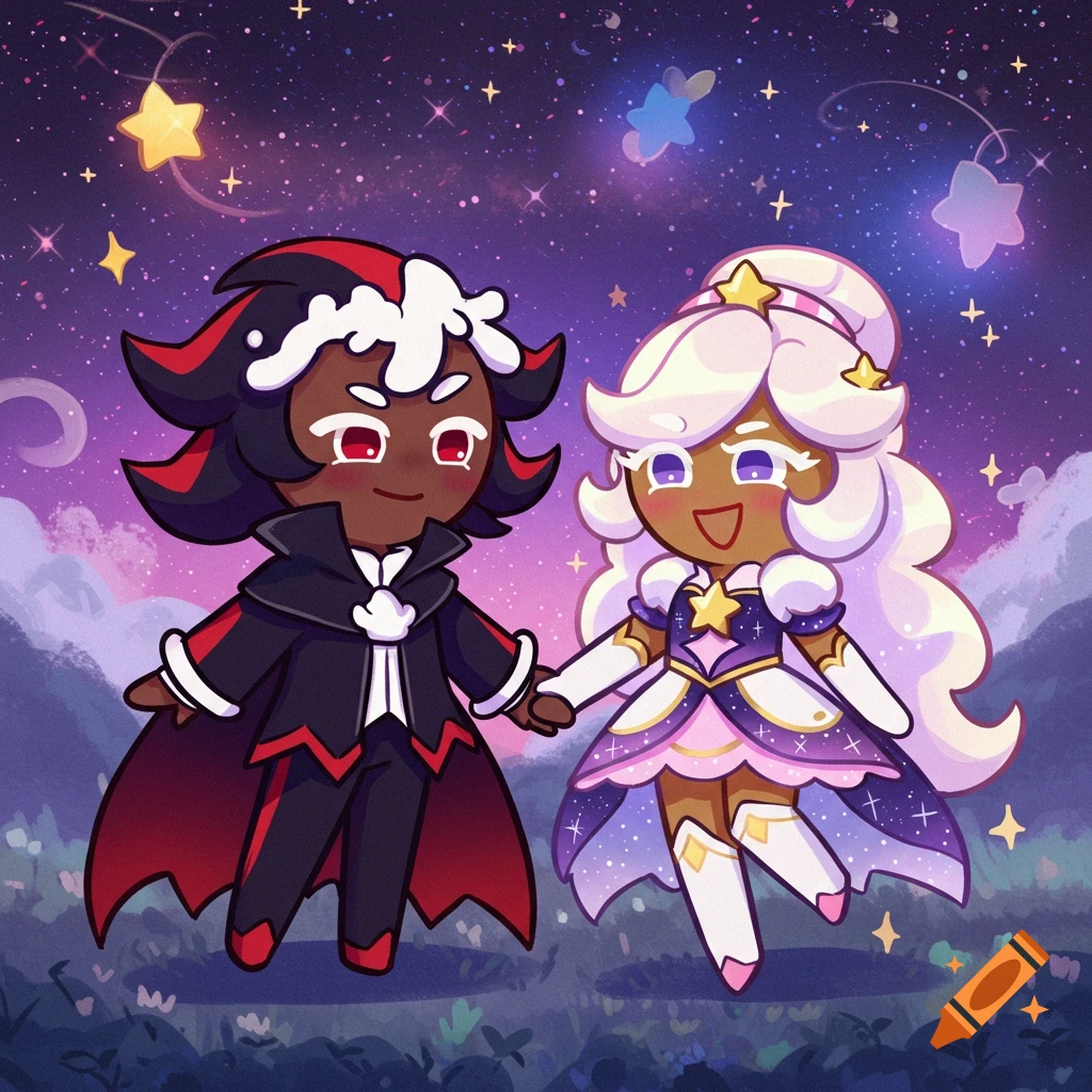 Shadow Milk Cookie and Stardust Cookie holding hands on Craiyon