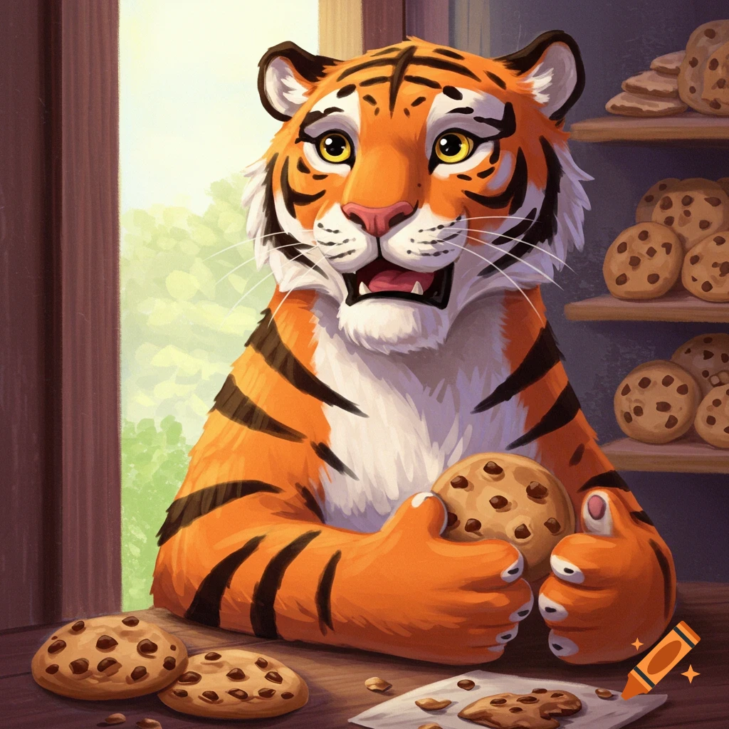 Zane the friendly tiger loving cookies on Craiyon