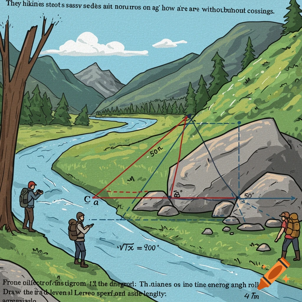 Hikers on opposite sides of a river, measuring angles to a rock to ...
