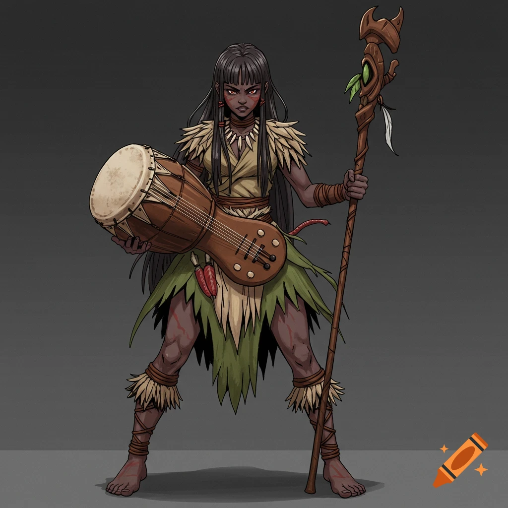 Dark-skinned female jungle bard with staff drum, anime style on Craiyon
