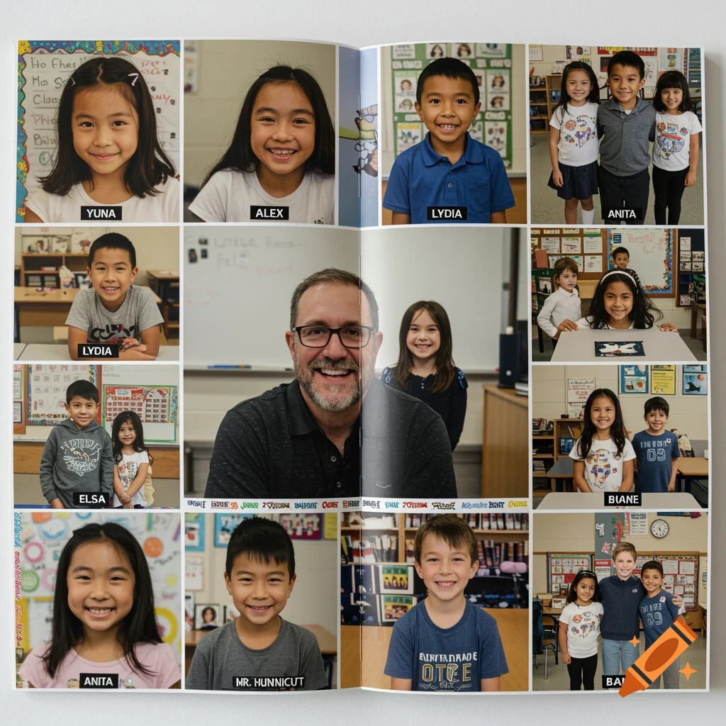 A layout resembling a class yearbook page features multiple portraits ...