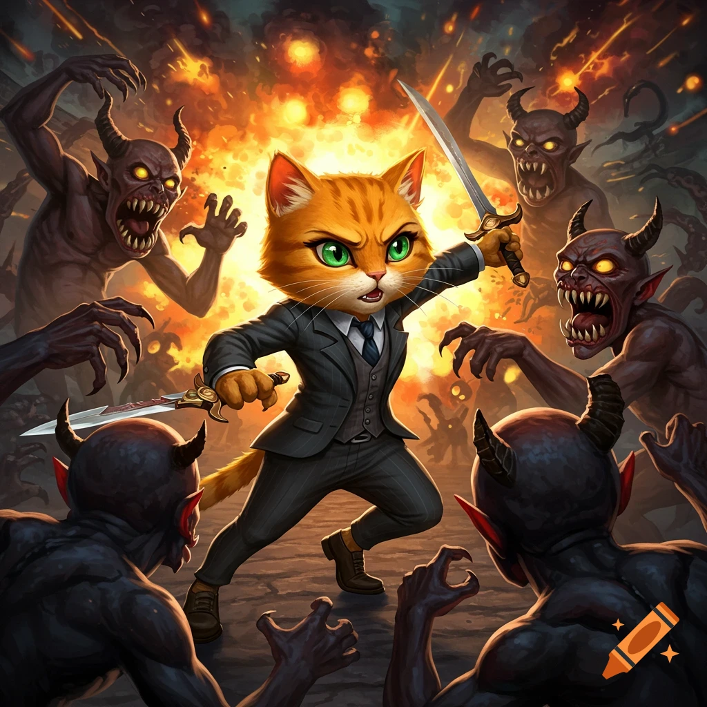 An orange cat in a suit fights demons with swords. on Craiyon