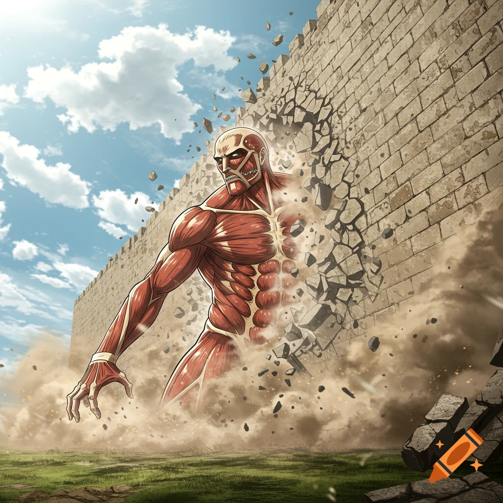 Colossal Titan breaking through a wall in an anime illustration style ...