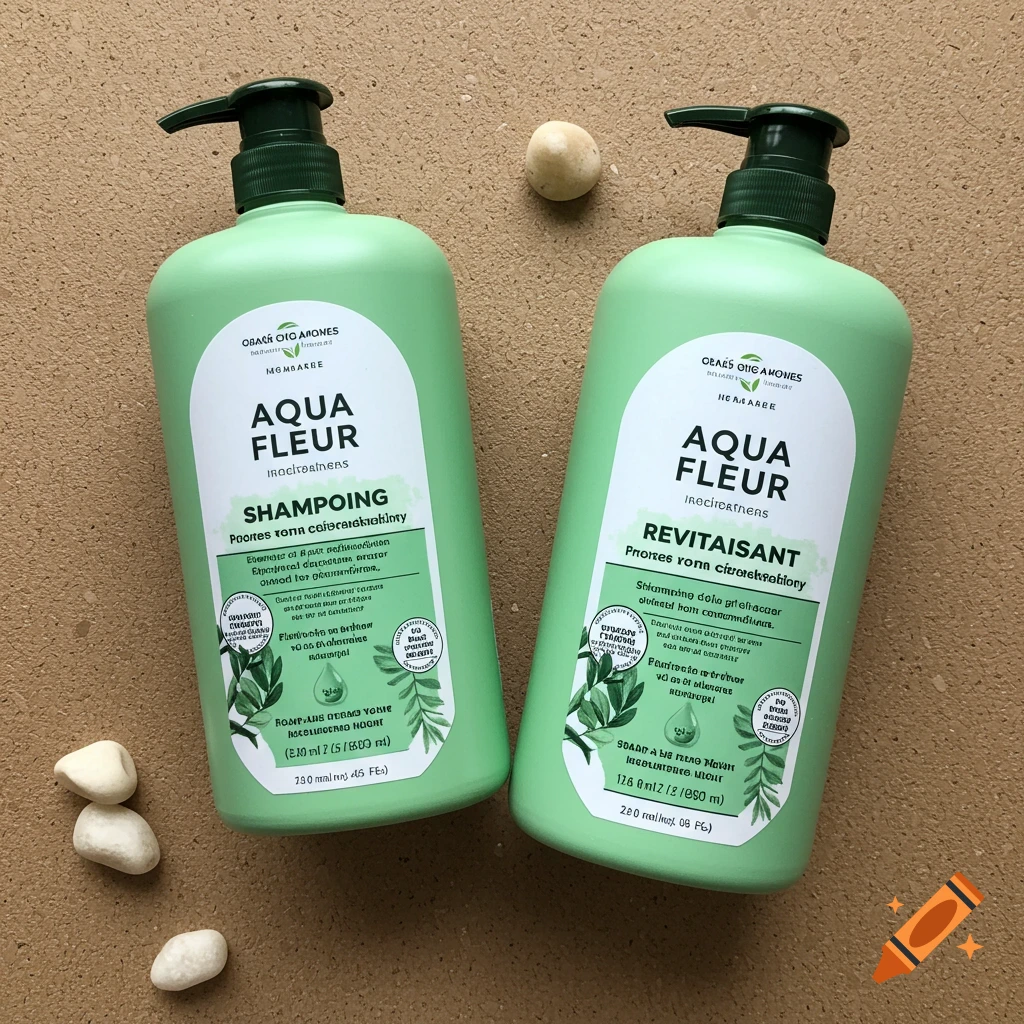 Two green bottles of Aqua Fleur shampoo and conditioner with rocks on a ...