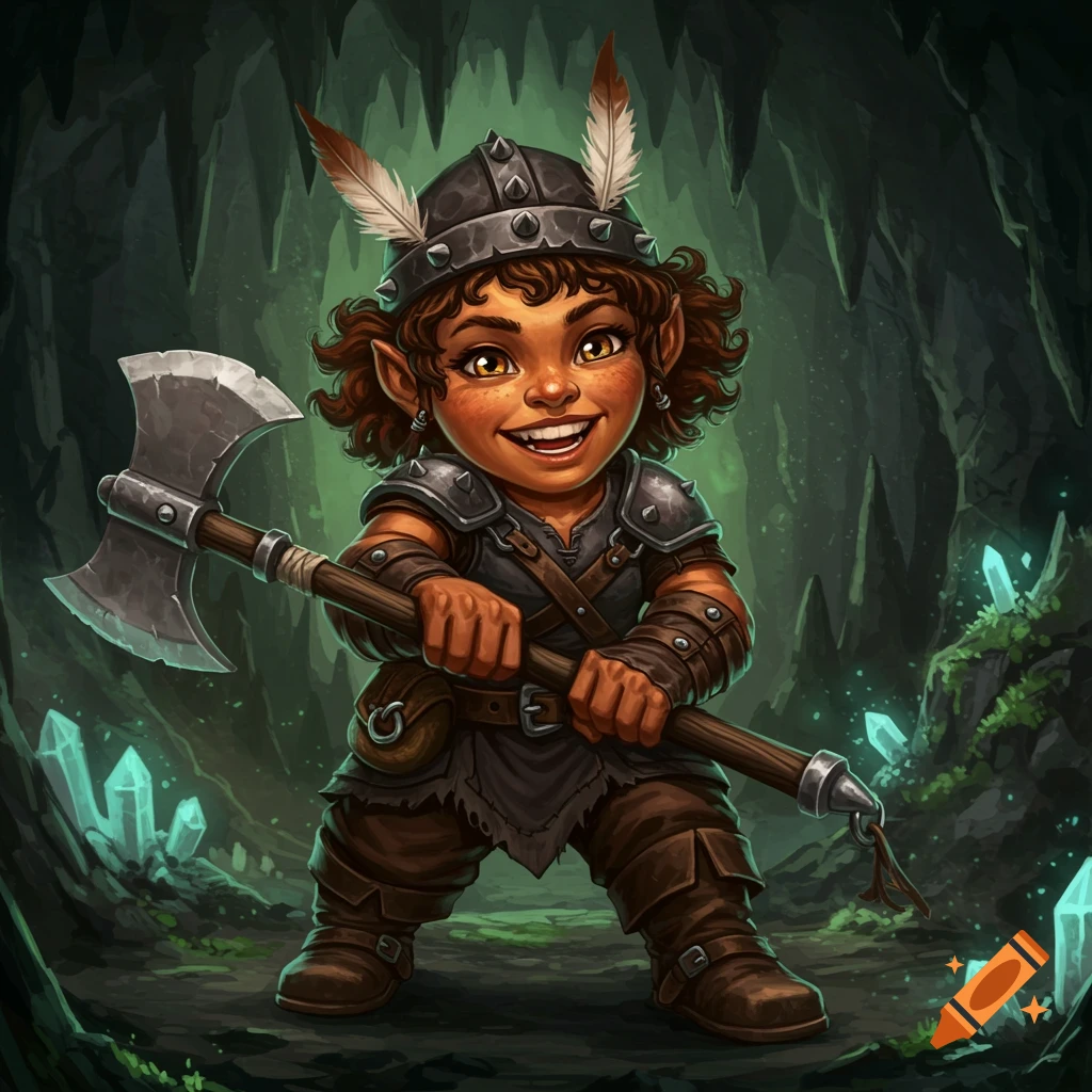 A cheerful fantasy gnome with an axe in a crystal cave. on Craiyon