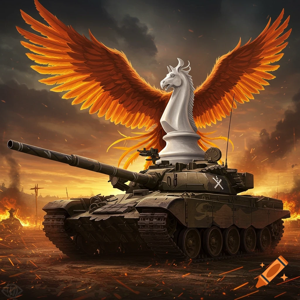 Tank with white knight chess piece and phoenix wings on Craiyon