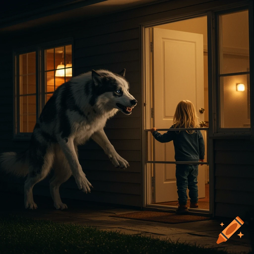 Boy looking through screen door with large wolf behind him on Craiyon