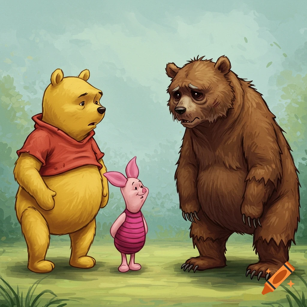 Winnie the Pooh and Piglet looking at an old, sick bear on Craiyon