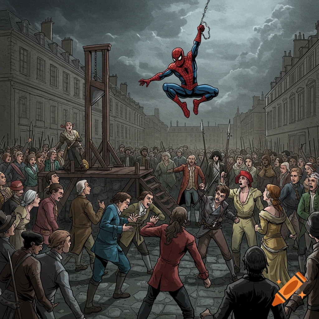 Spider-Man swings above a crowd gathered around a guillotine in a comic ...