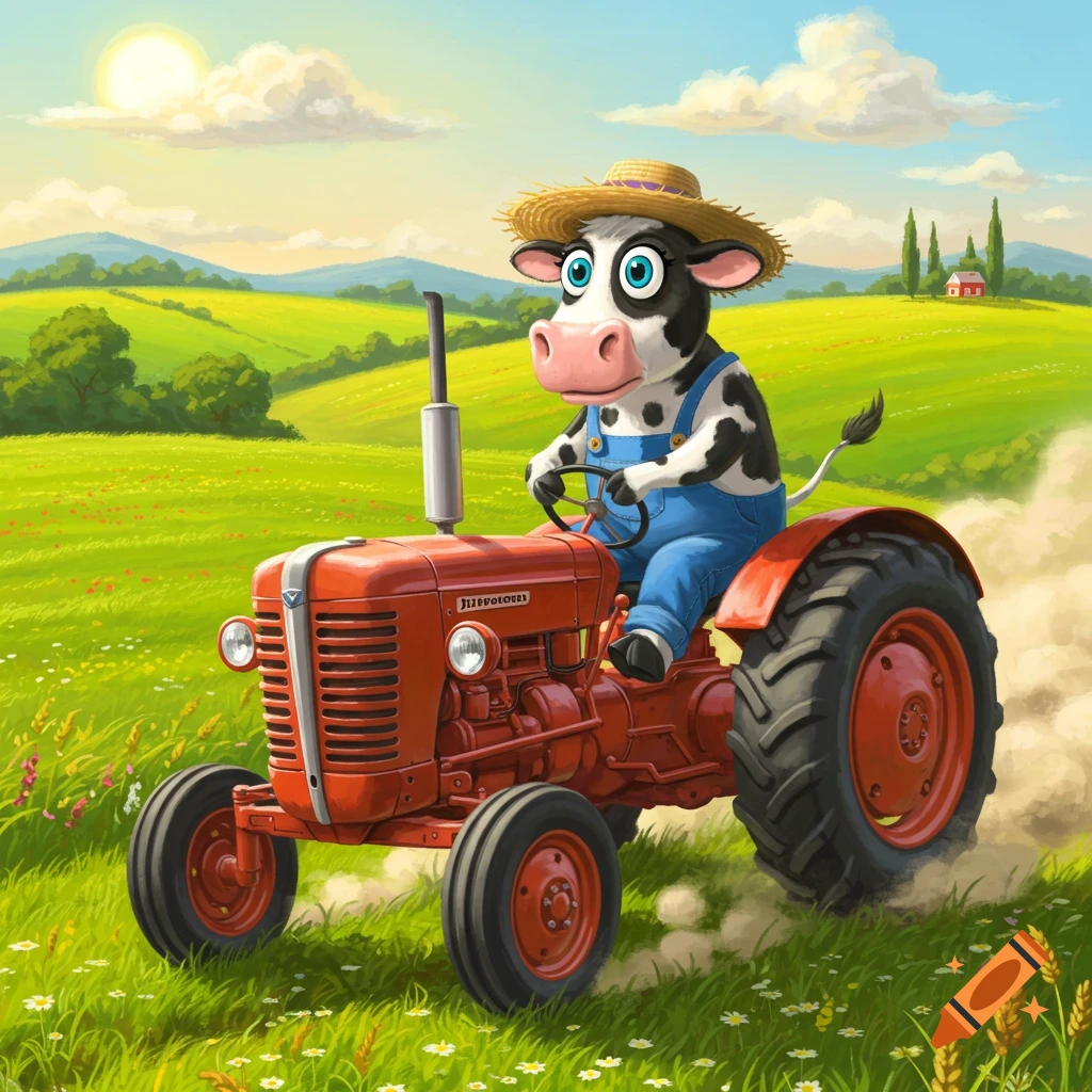 Holstein cow driving a tractor on Craiyon